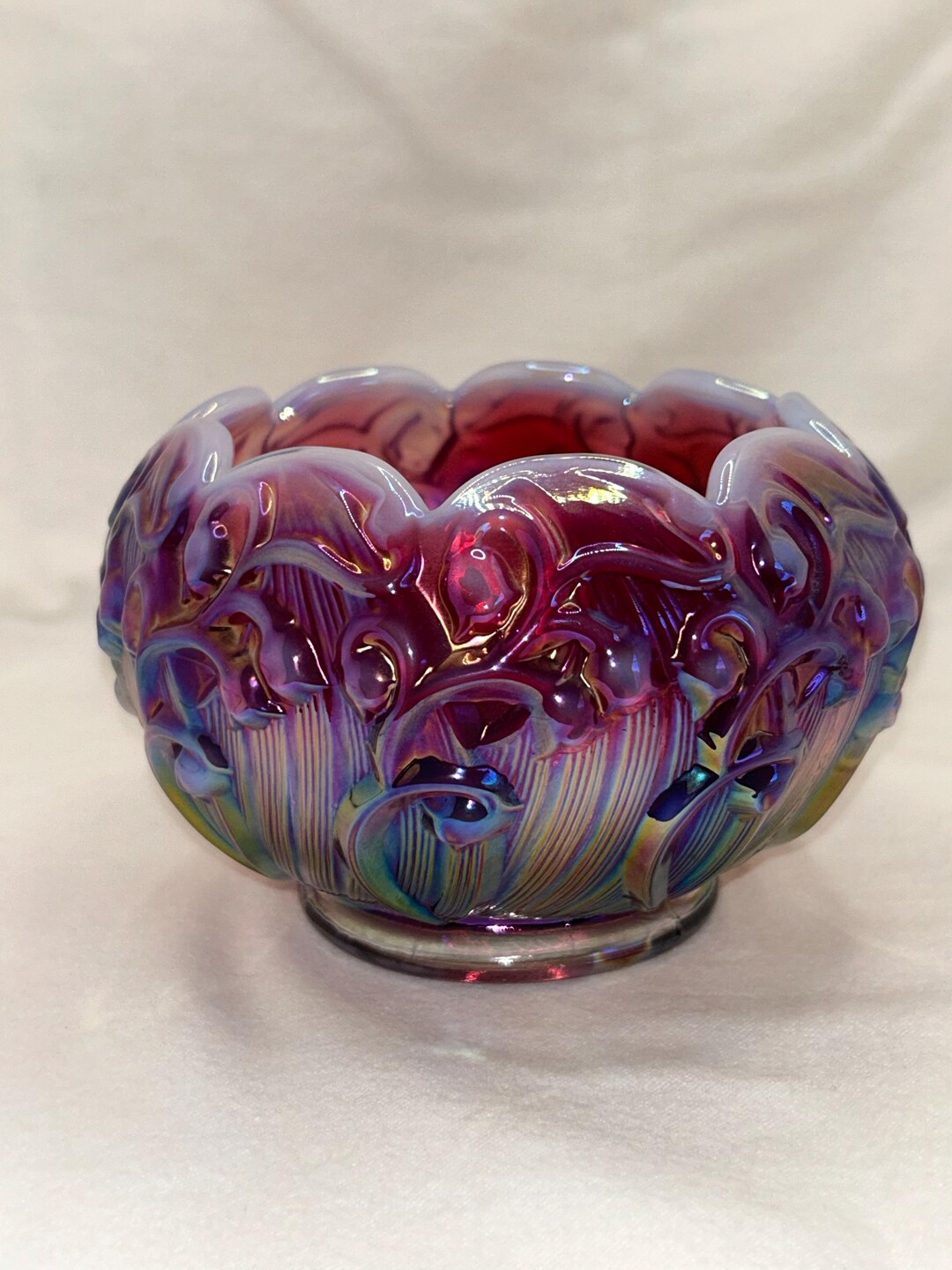Fenton Plum Opalescent Carnival Lily of the Valley Rose Bowl - Etsy
