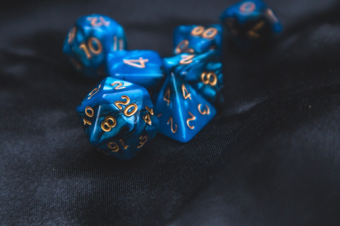 Deep Sea Dice Set: Blue Marble Polyhedral Dice With Golden Inking - Etsy