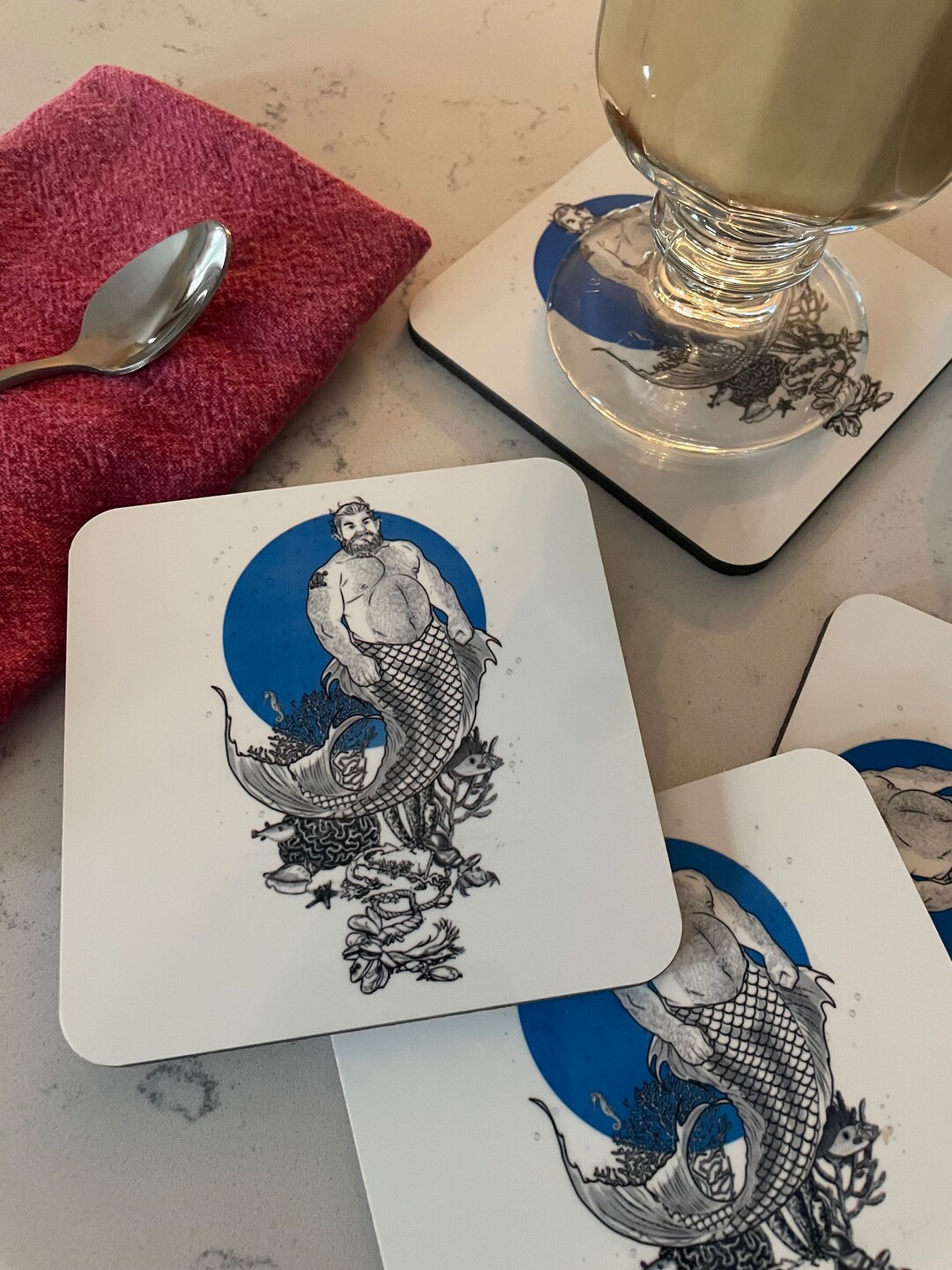 Coasters, HUNKY MERMAN Set of 4 Gay Graphic Coasters, Stylish LGBT ...