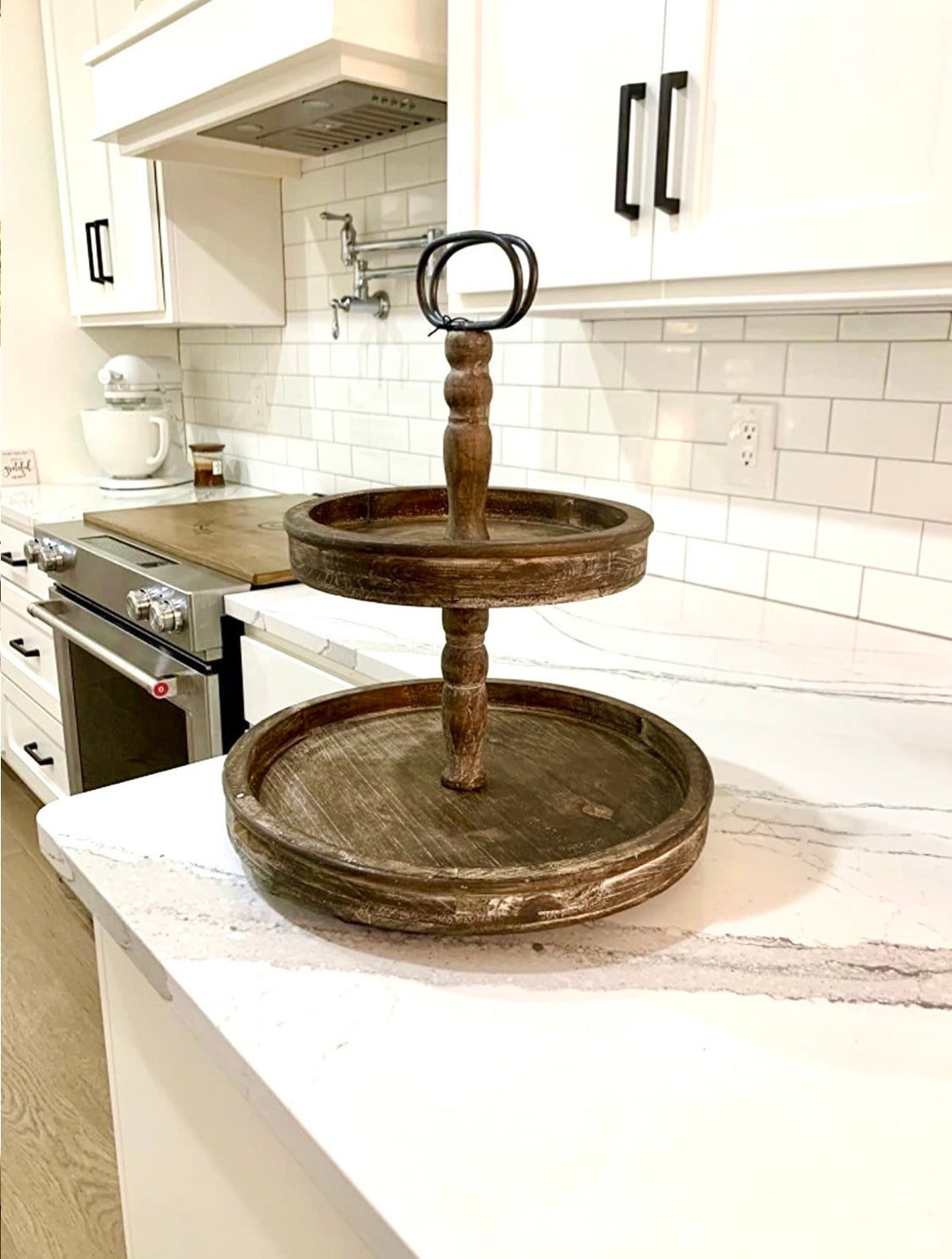 Farmhouse Wood Tiered Tray: Rustic Kitchen Decor (14.5x14.5x17.3 Inches ...