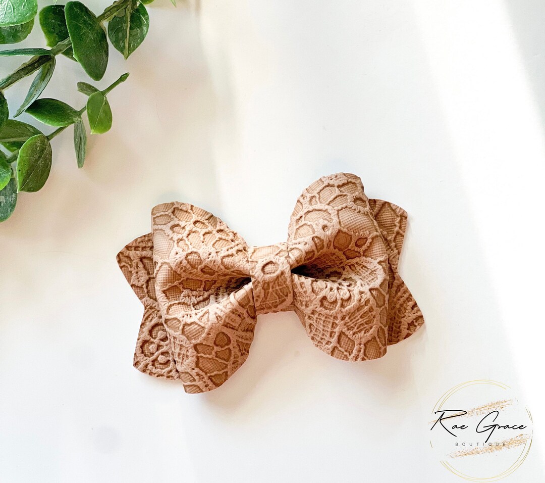 Tan Lace Smooth Faux Leather Hair Bow / Tan Hair Bow - Etsy