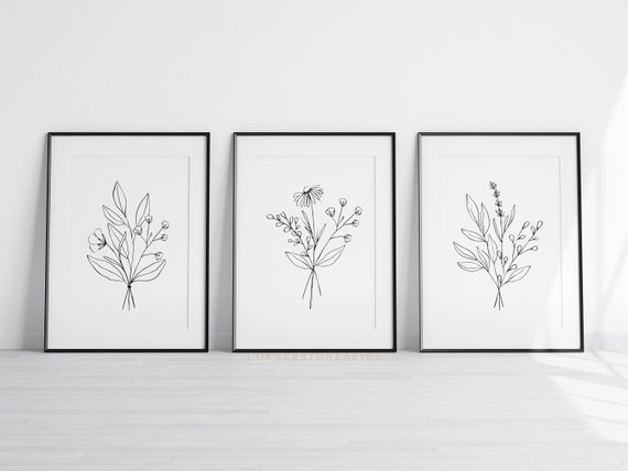 Flower Line Art Set of 3 Floral Prints Bouquet Art Prints - Etsy