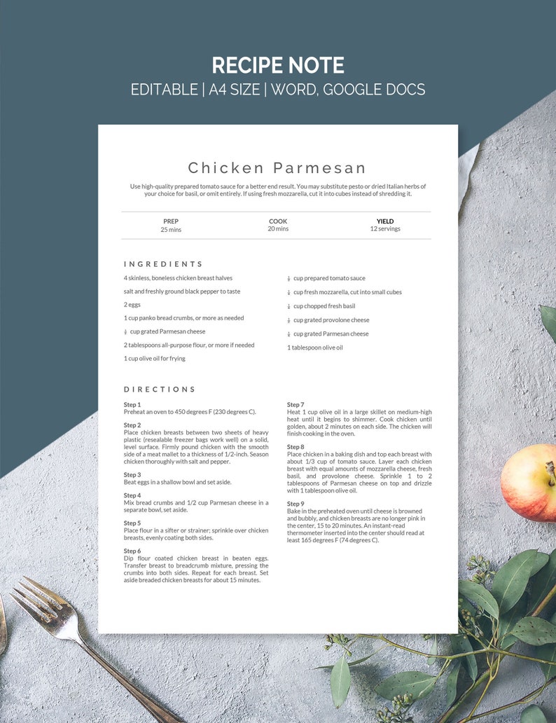 Editable Recipe Page MS Word Google Docs Recipe Template - Etsy
