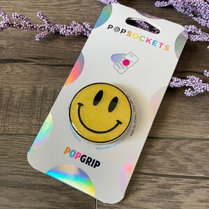Smiley Face Popsocket Grip: Yellow Glitter, Swappable Top - Etsy