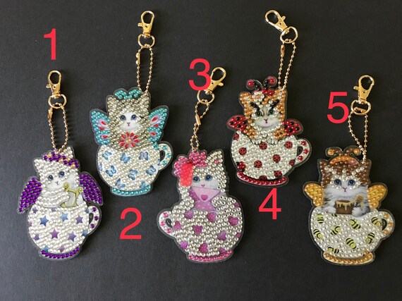 Rhinestone Cat in Teacup Key Chains | Etsy