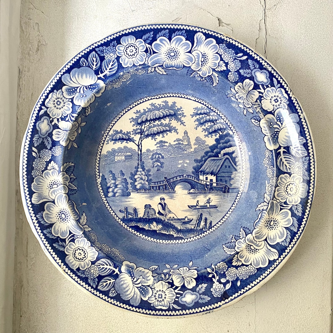 Antique Nuneham Courtenay Plate: Victorian Blue and White Wild Rose ...