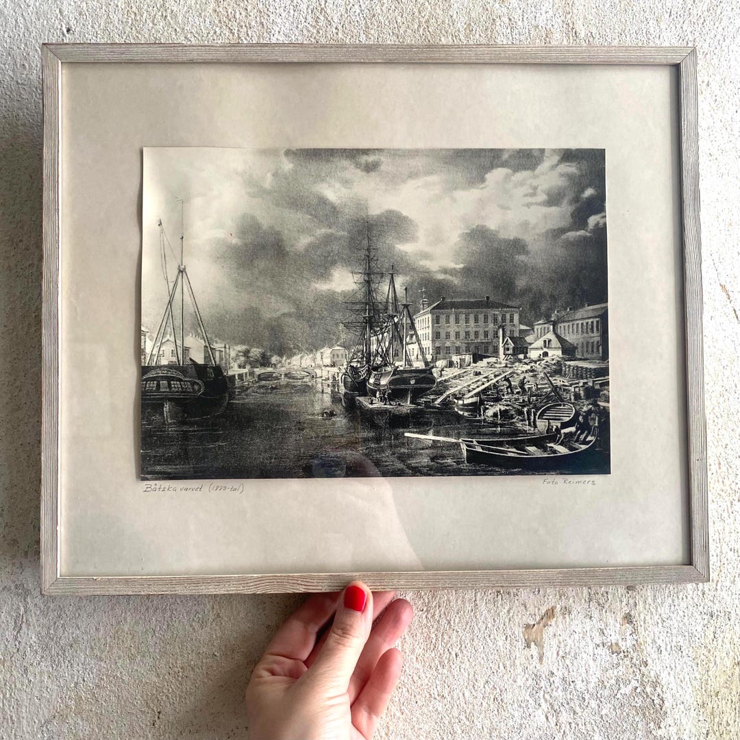 Framed Swedish Harbor Print: Vintage Shipyard Coastal Wall Art - Etsy