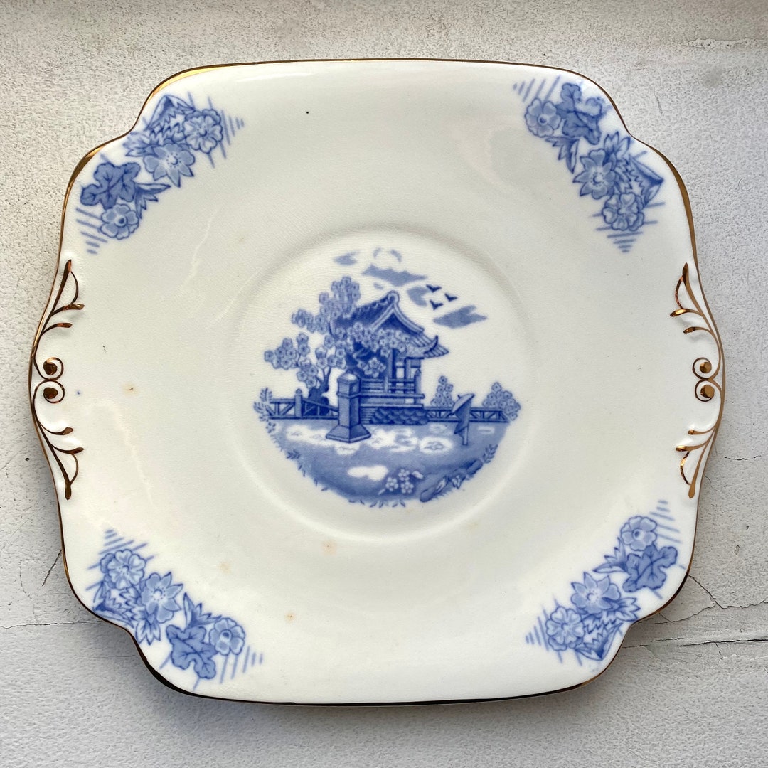 1950s Vintage Plate Trentham Royal Crown Pottery English Blue White and ...