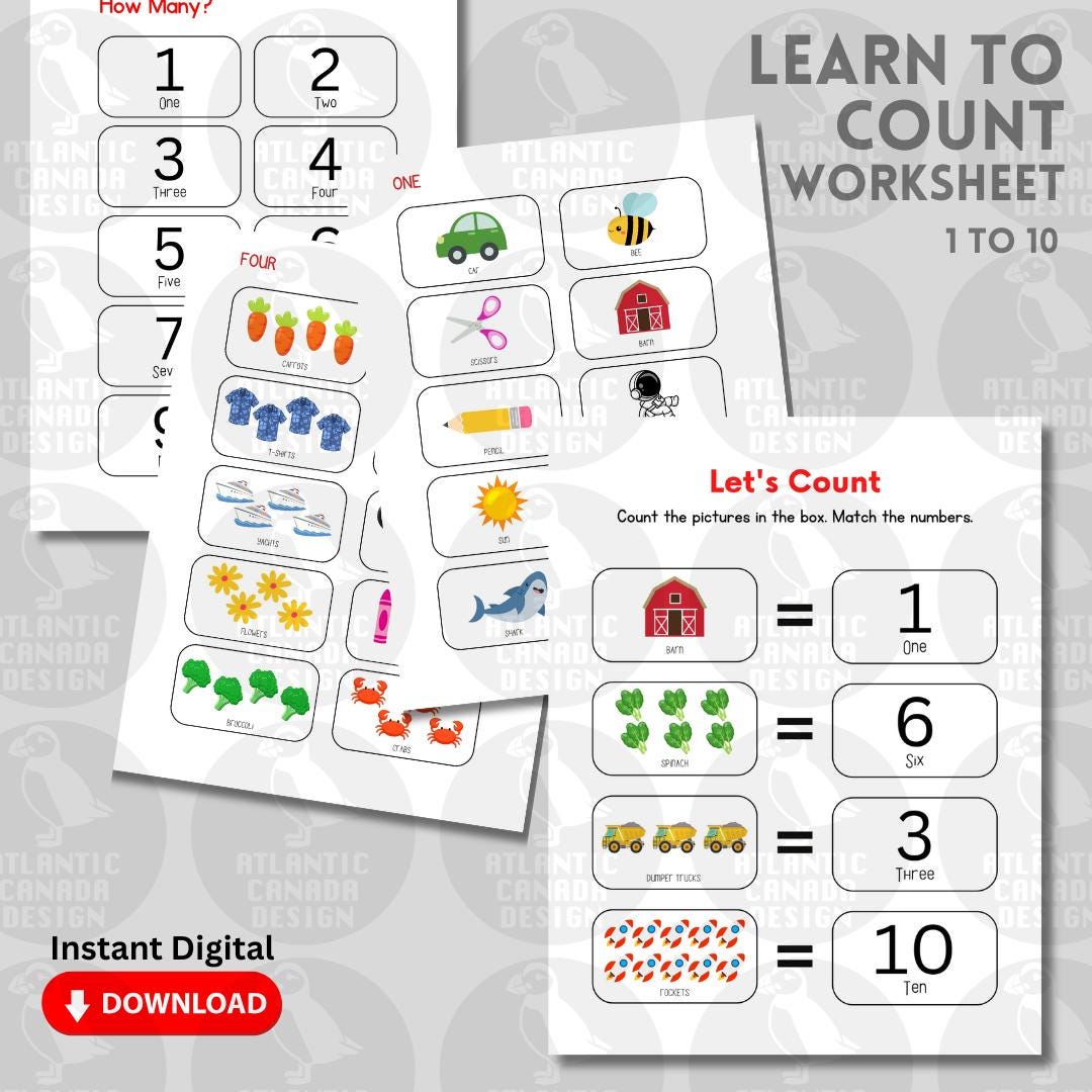 Learn to Count Worksheet, Numbers 1 to 10, Matching Game (digital ...