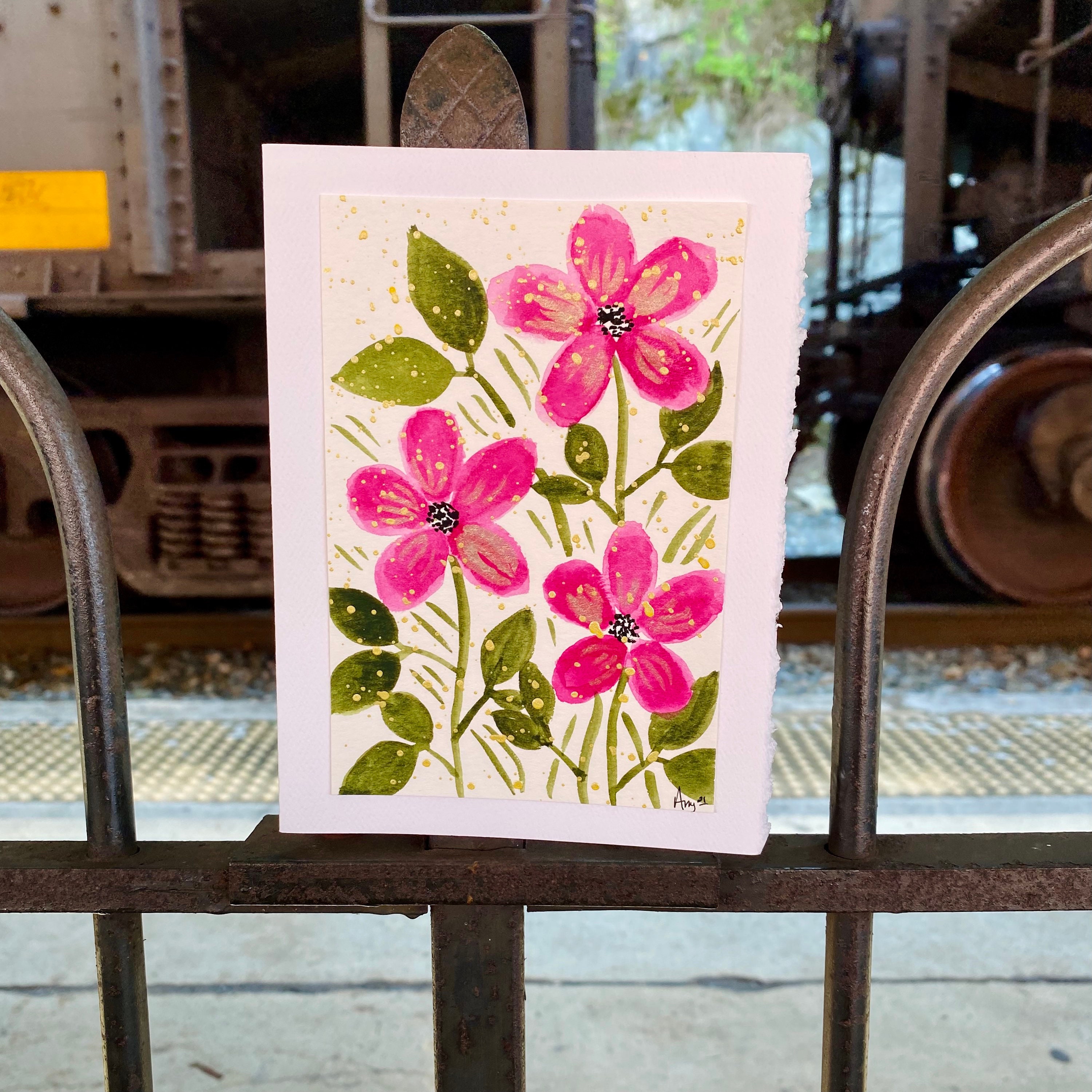 Hand-painted Pink Flower Original Watercolor Card, Water Color Flower ...