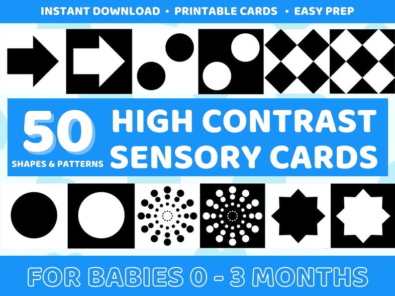 50 High Contrast Baby Sensory Cards Printable, Black and White ...