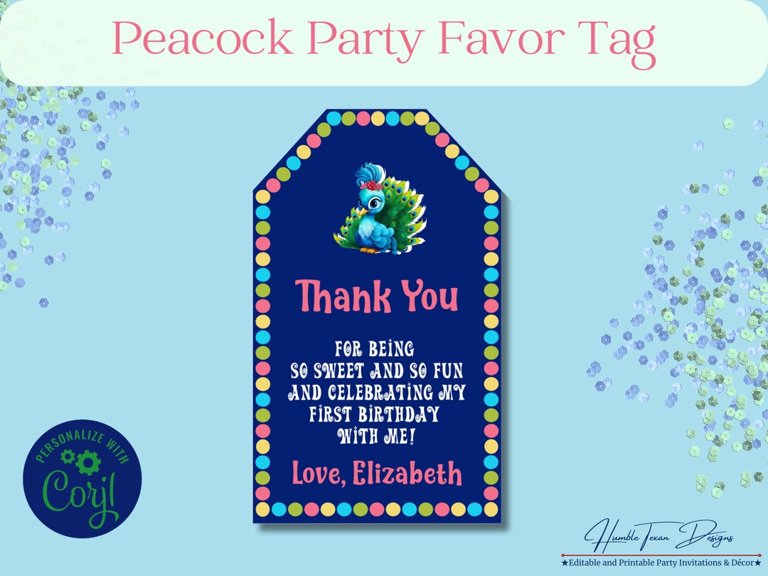 Peacock Birthday Party Favor Tags, First Birthday for Girl, Peacock ...