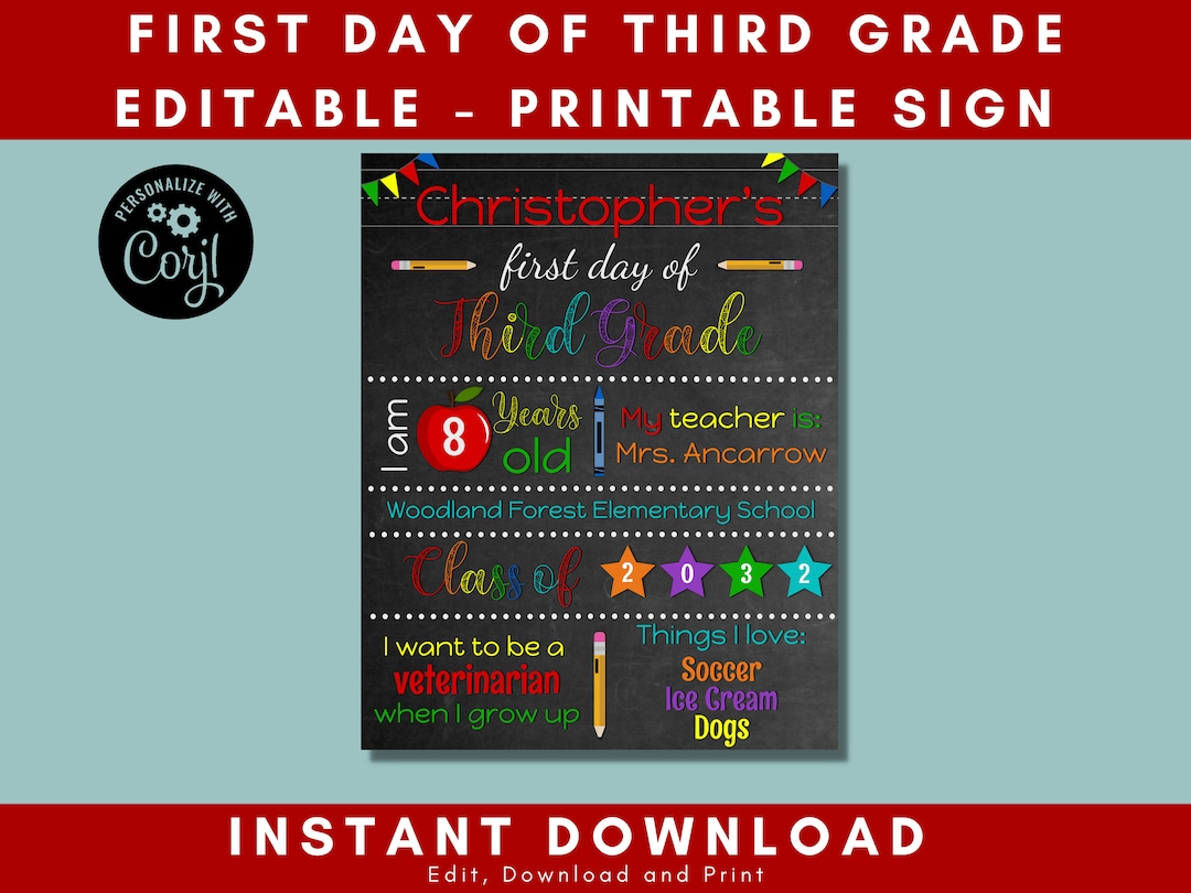 First Day of Third Grade Sign Printable, Editable Chalkboard ...