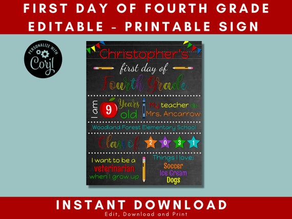 First Day of Fourth Grade Sign Printable Editable Chalkboard - Etsy