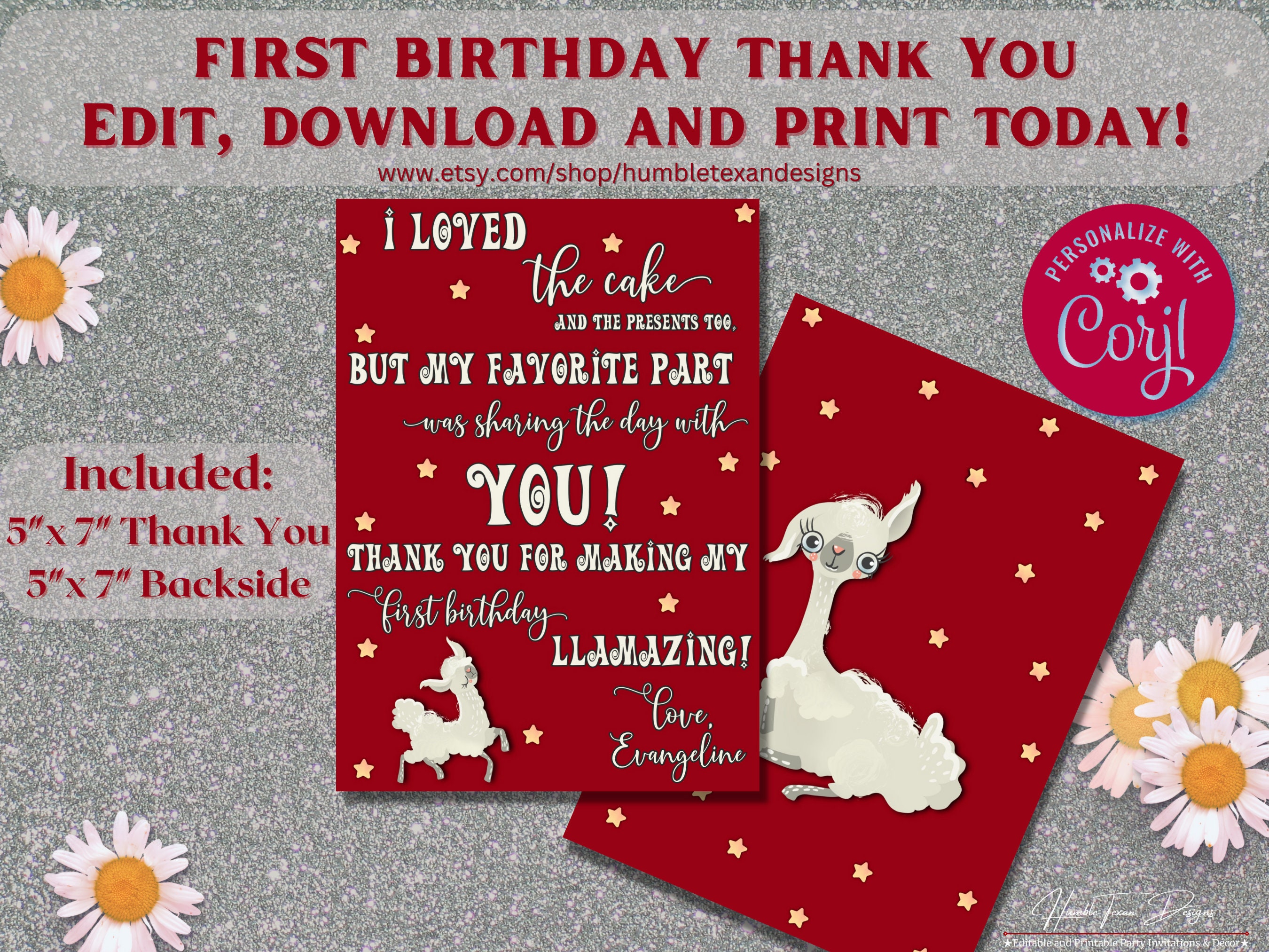 EDITABLE Llama First Birthday Thank You Alpaca Birthday Party - Etsy