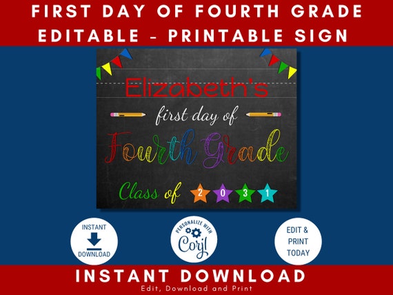 First Day of Fourth Grade Sign Printable Editable Chalkboard - Etsy