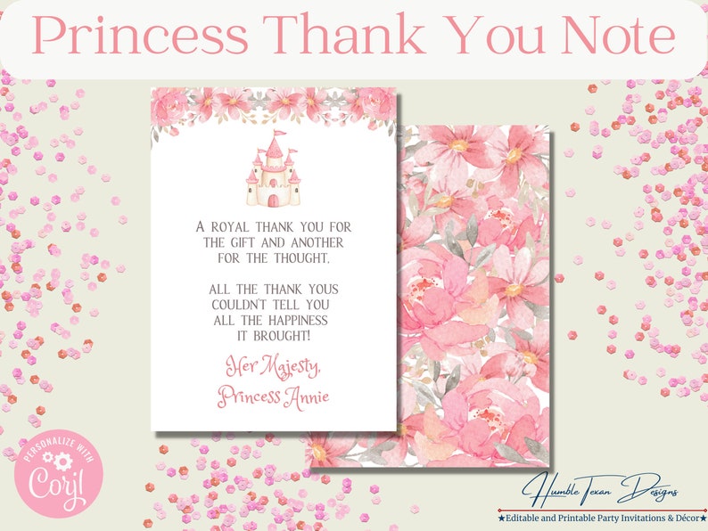 Princess Birthday Thank You, Princess Party Thank You Card, Princess ...