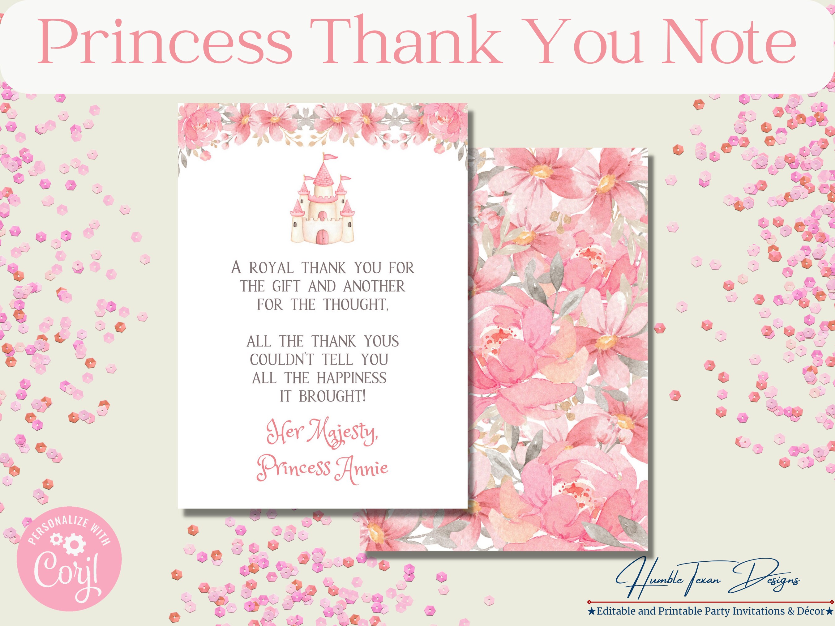 Princess Birthday Thank You, Princess Party Thank You Card, Princess ...