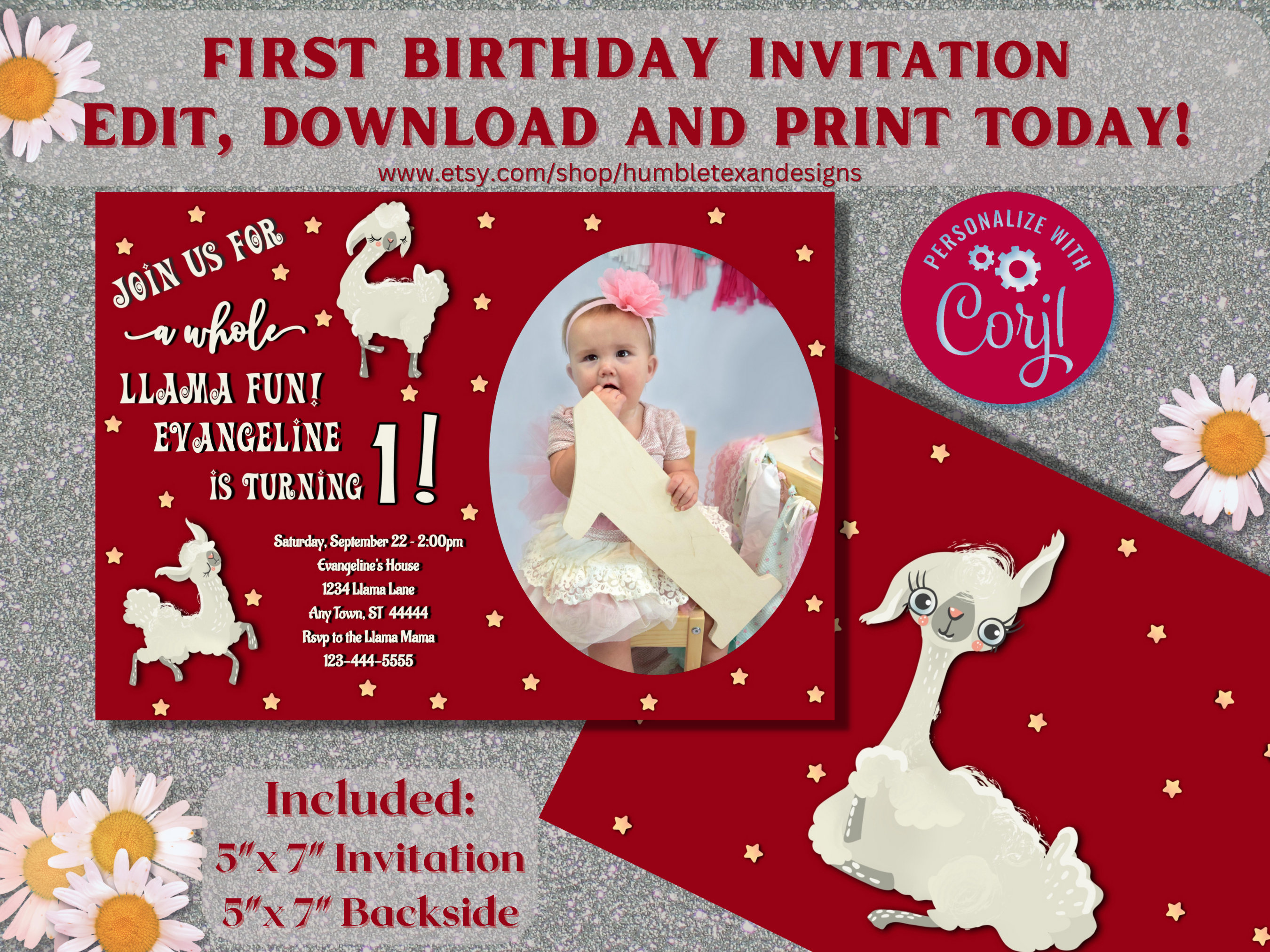 EDITABLE Llama First Birthday Invitation Printable Alpaca - Etsy