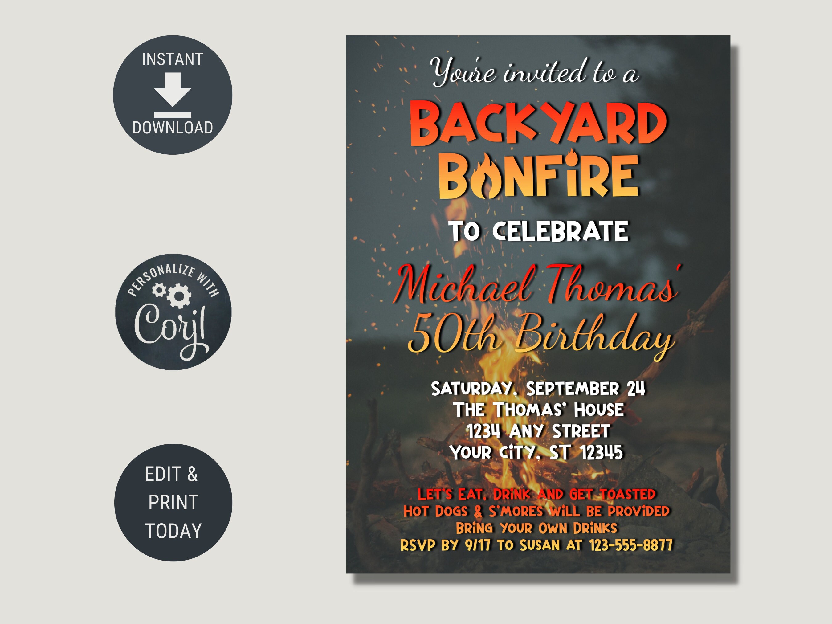 Backyard Bonfire Birthday Invitation, Personalized Birthday Invite ...