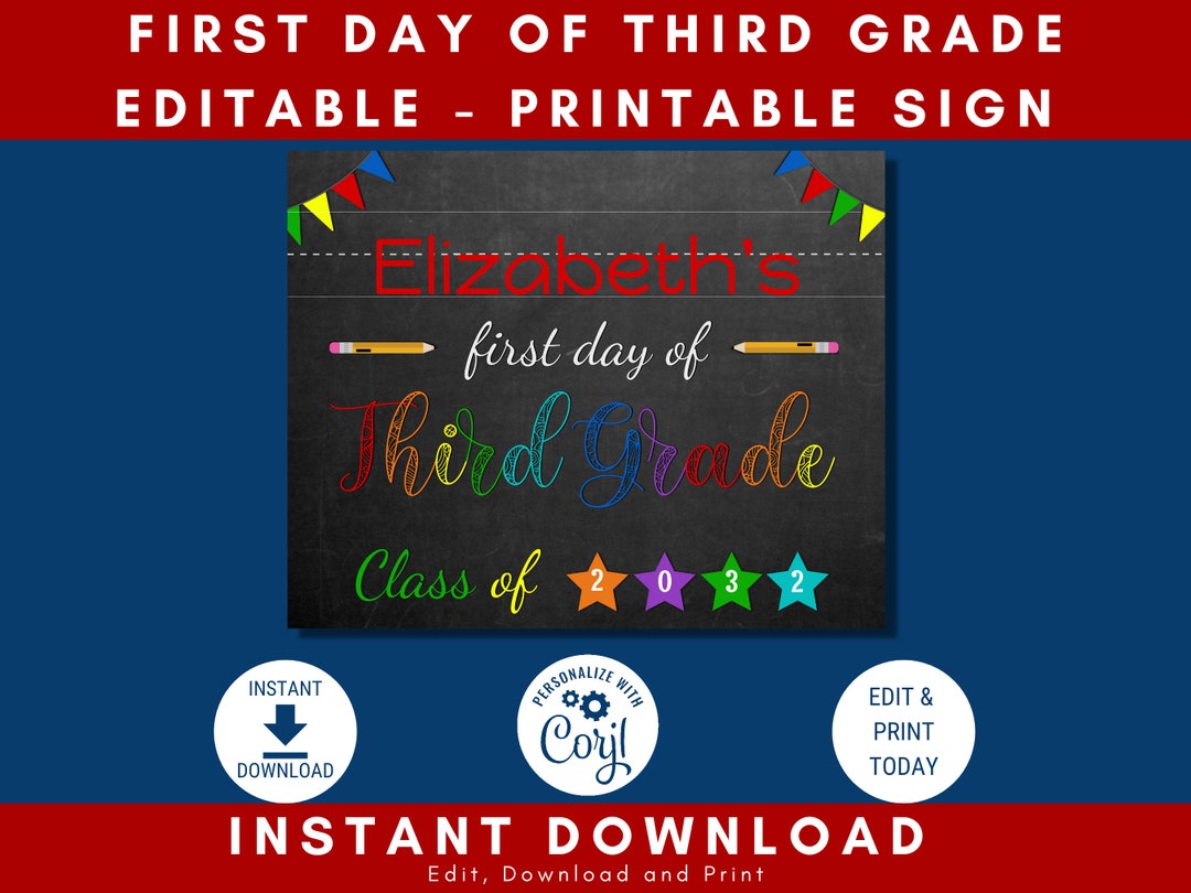 First Day of Third Grade Sign Printable, Editable Chalkboard ...