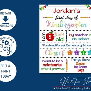 PRINTABLE First Day of Kindergarten Sign, Editable Poster Digital ...