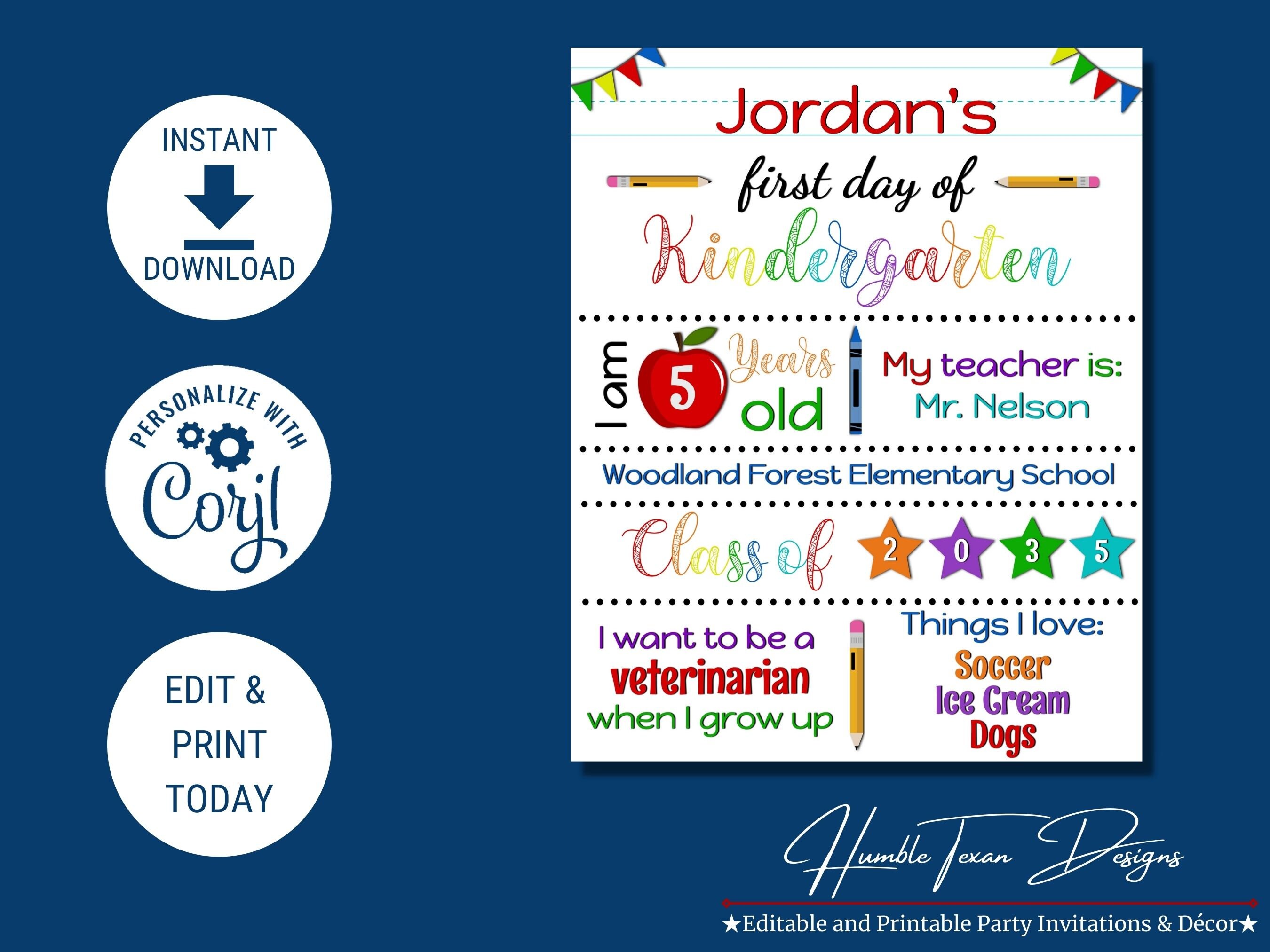PRINTABLE First Day of Kindergarten Sign, Editable Poster Digital ...