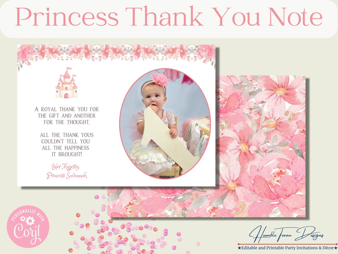 Princess Birthday Thank You, Princess Thank You Card, Princess Party ...