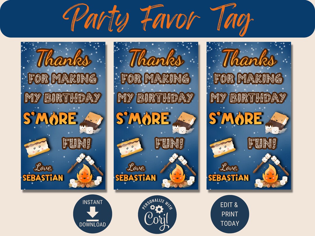 Smores Party Favor Tag, Personalized Thank You Tags, Campfire Party ...