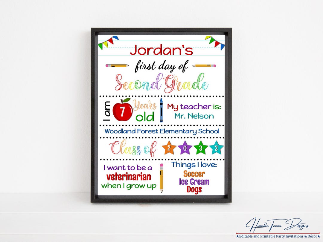 First Day of Second Grade Sign, Editable Poster Digital, Personalized ...