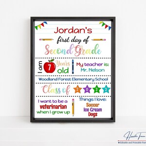 First Day of Second Grade Sign, Editable Poster Digital, Personalized ...