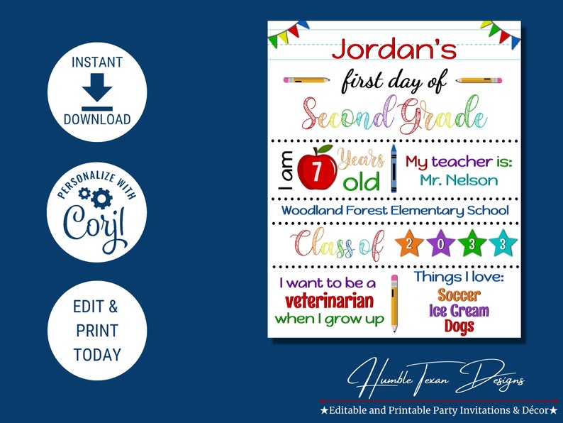 First Day of Second Grade Sign, Editable Poster Digital, Personalized ...