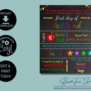 First Day of First Grade Sign Printable, Editable Chalkboard ...