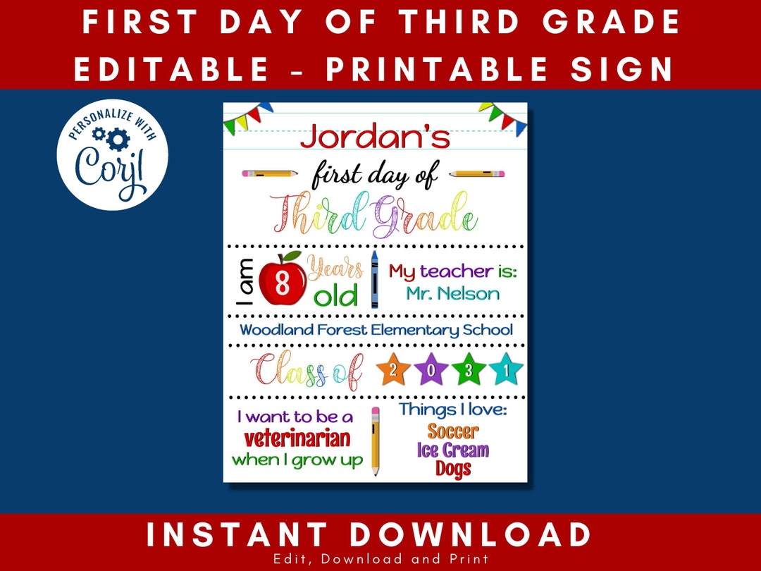 Buy First Day of Third Grade Sign Printable, Editable Poster Digital ...