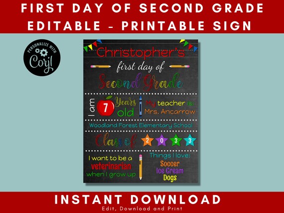 First Day of Second Grade Sign Printable Editable Chalkboard - Etsy