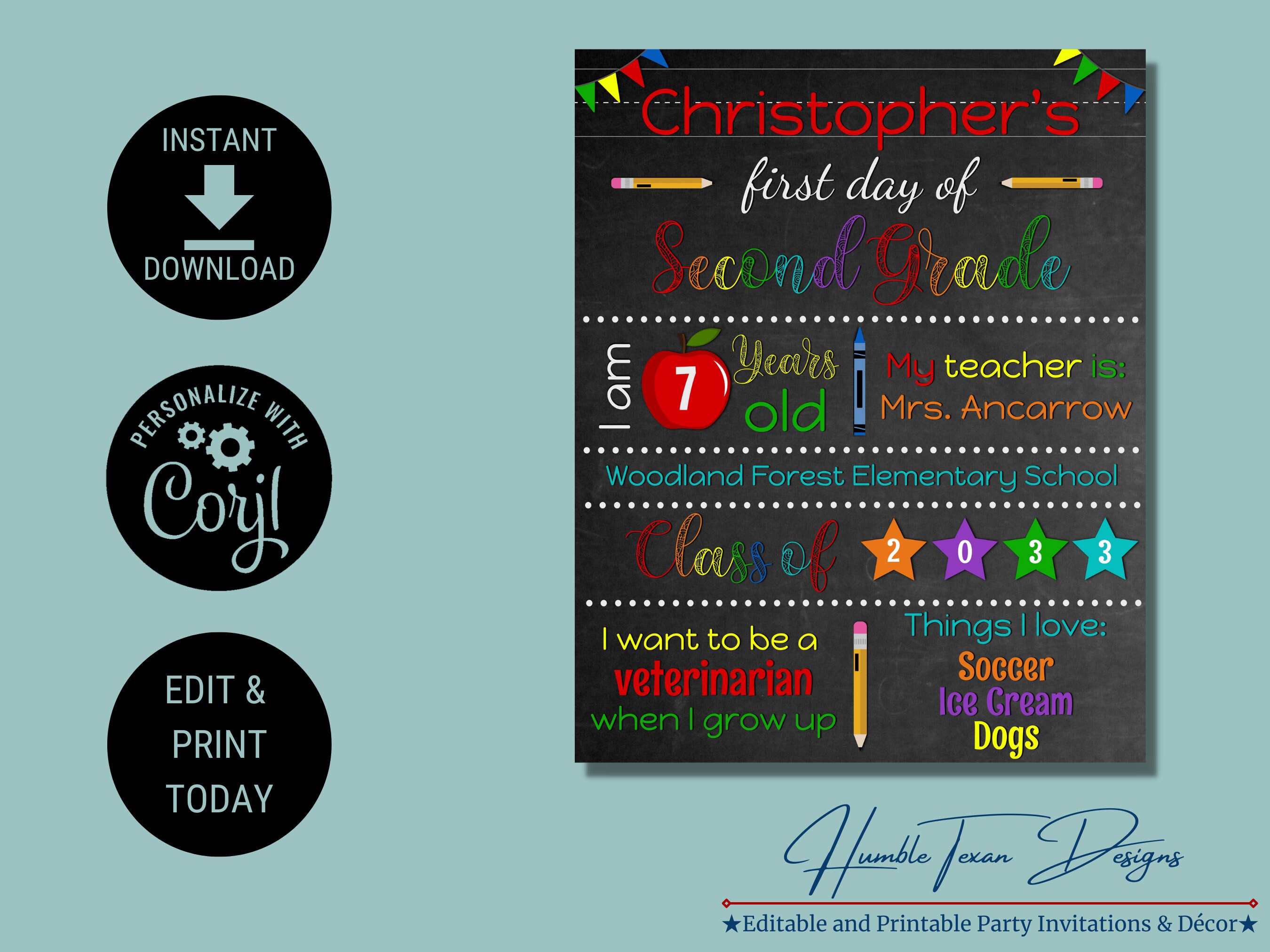 First Day of Second Grade Sign Printable, Editable Chalkboard ...
