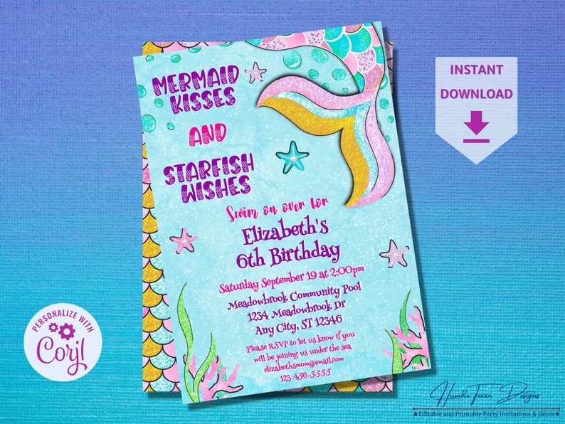 Mermaid Birthday Invitation Digital Download Printable, Mermaid Kisses ...