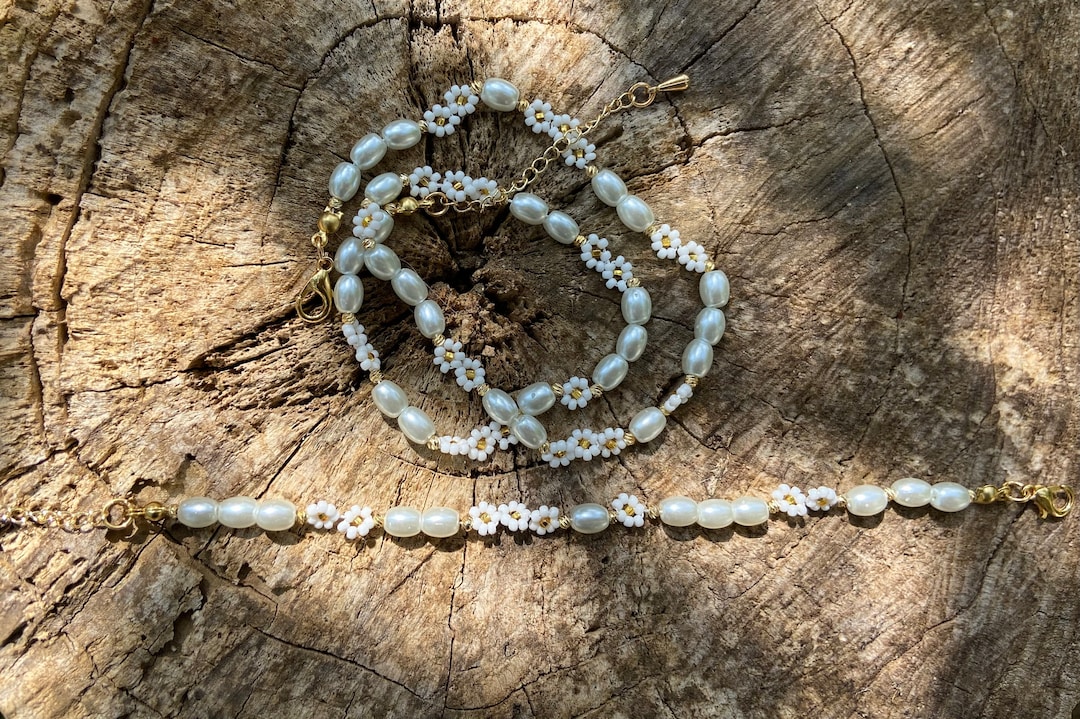 14k Gold Plated Beaded Daisy Flower Necklace Bracelet Set Beaded ...