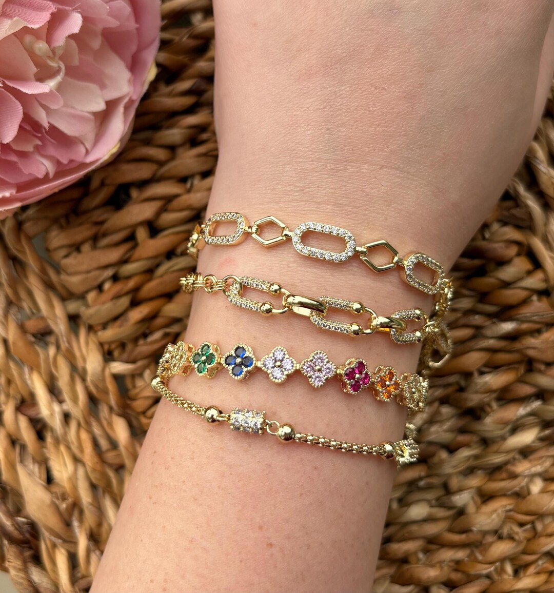 14k Gold Plated Chain Bracelet | Colorful Zircon Stones| Zircon ...
