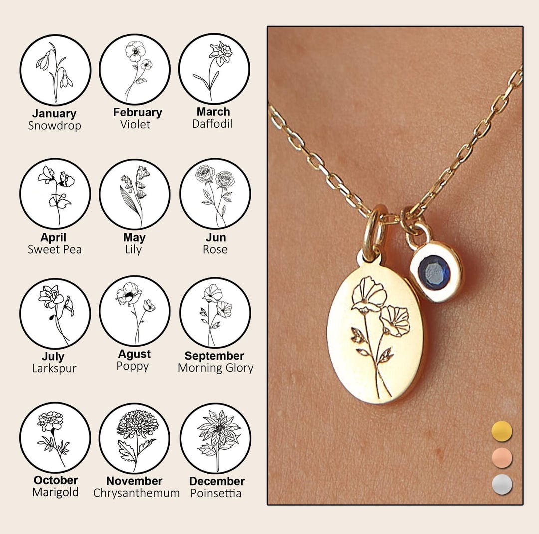 Sterling Silver Birth Flower Necklace, Birthstone Charm, Personalized ...