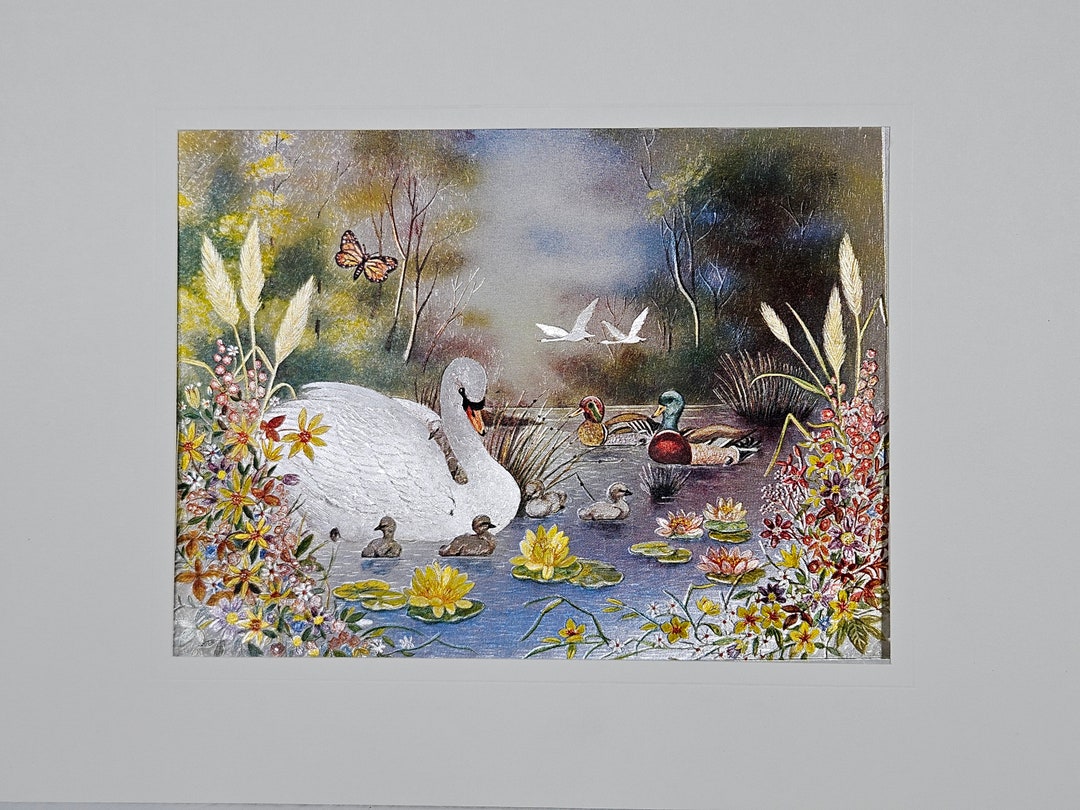 Vintage F Osborne Foil Art Print 7.75in X 5.75in Swan and Ducks Pond ...