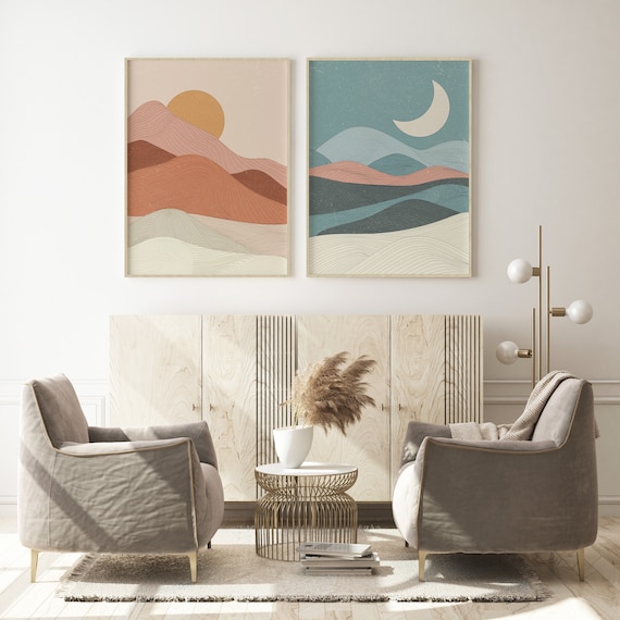 Set of Landscape Prints Boho Wall Poster Sun and Moon Art - Etsy UK