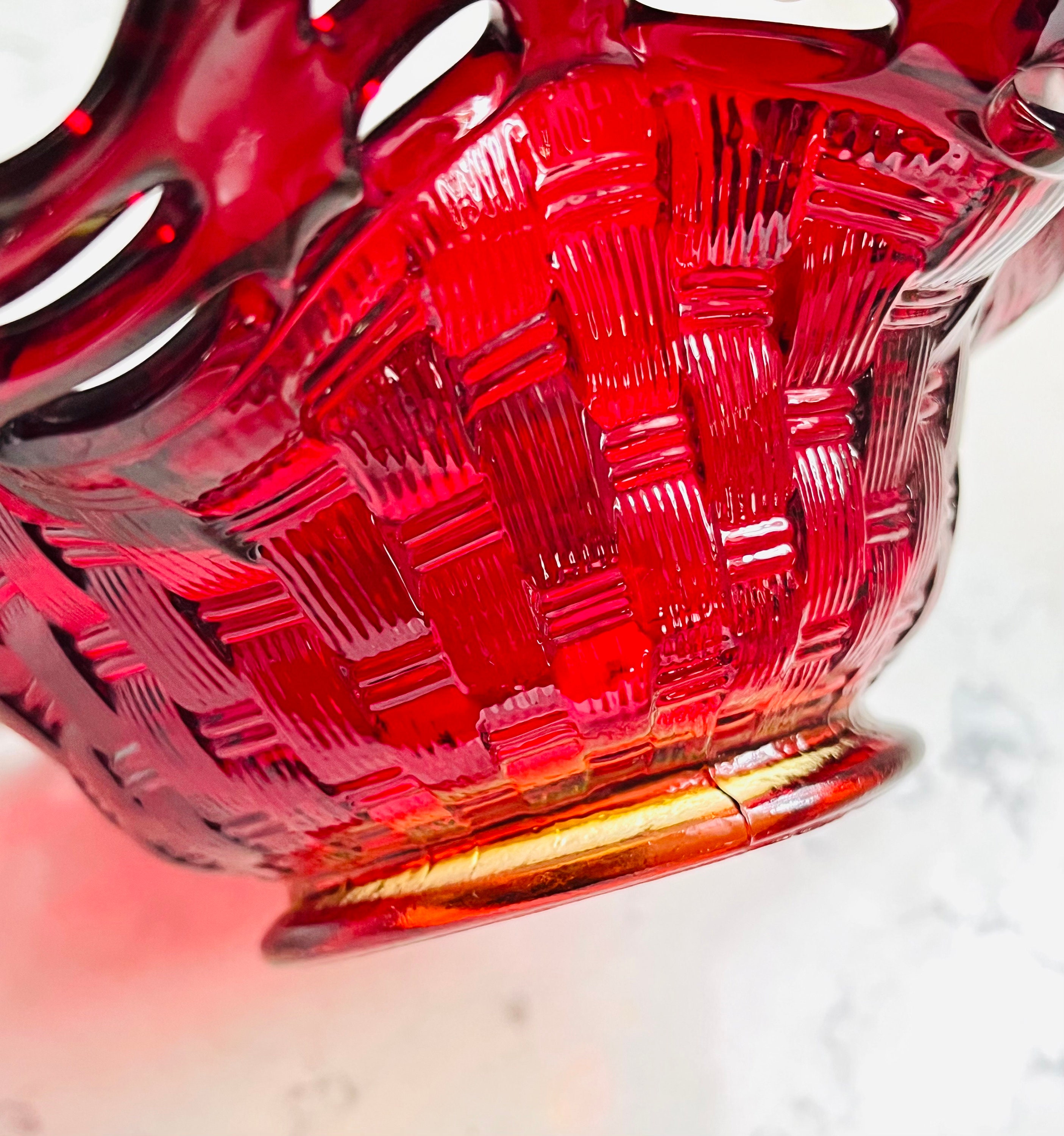 Vintage FENTON GLASS Ruffled Basket Weave Reticulated Amberina Decorative Red Footed Bowl - Etsy