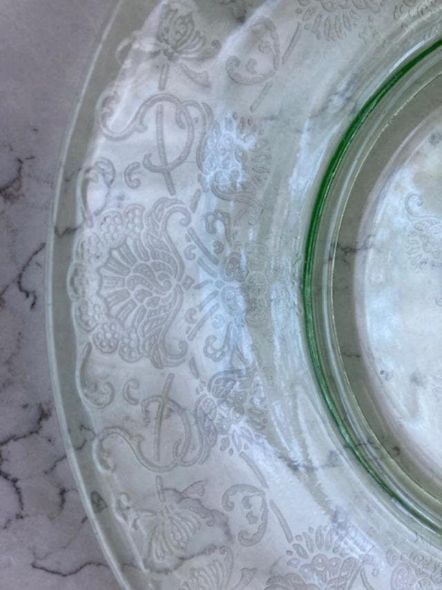 Vintage Green Uranium Glass Etched Dinner Plate, Antique Mid Century ...