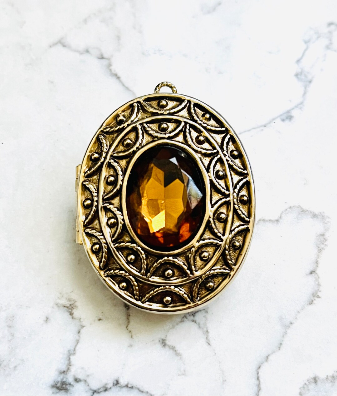 Vintage AVON Perfume Gold Tone Locket Pin Pendant 1.75” Amber Topaz ...