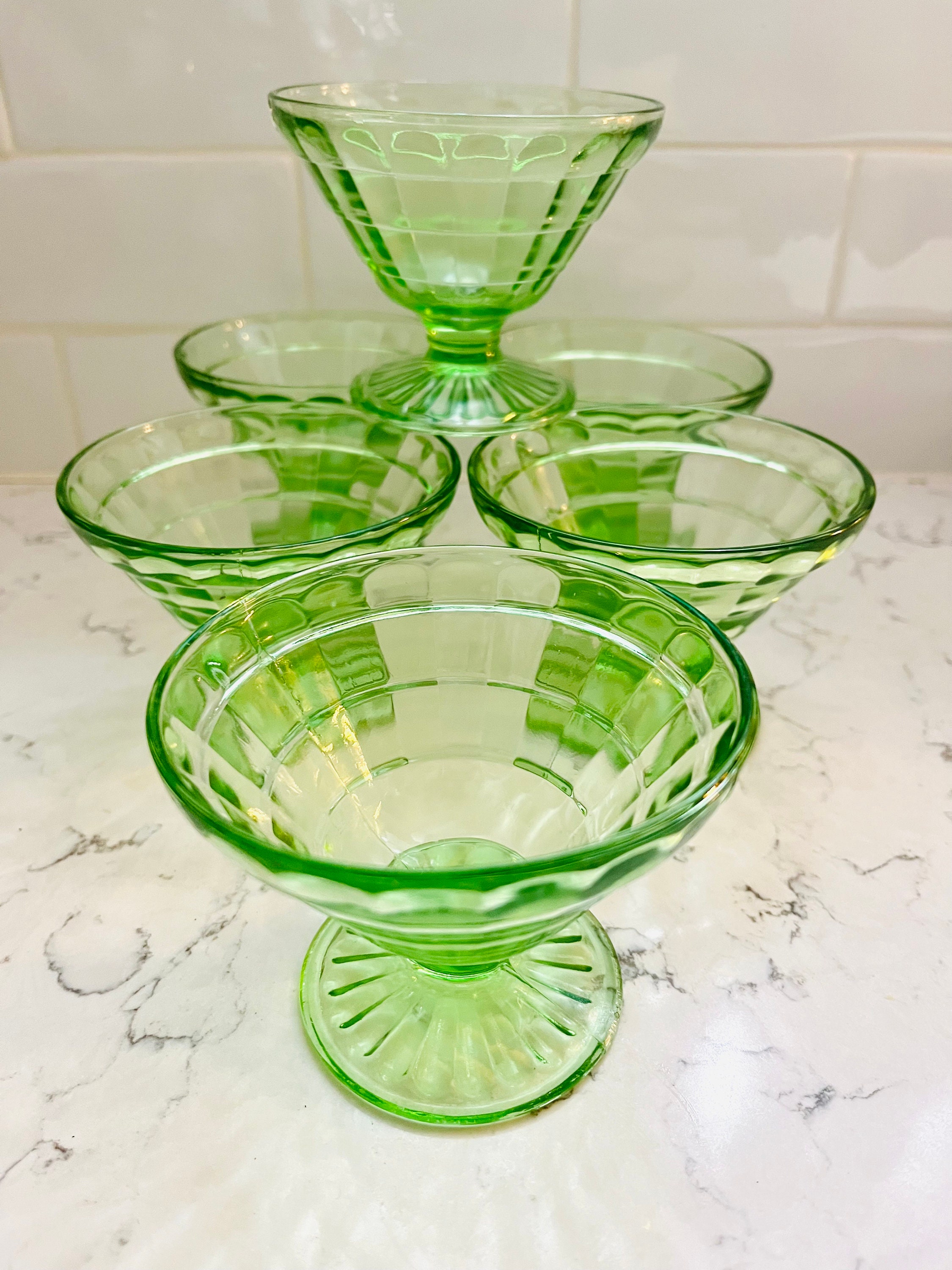 Circa 1930s Set of 6 Vintage Green Glass Block Optic Sherbet Sorbet ...