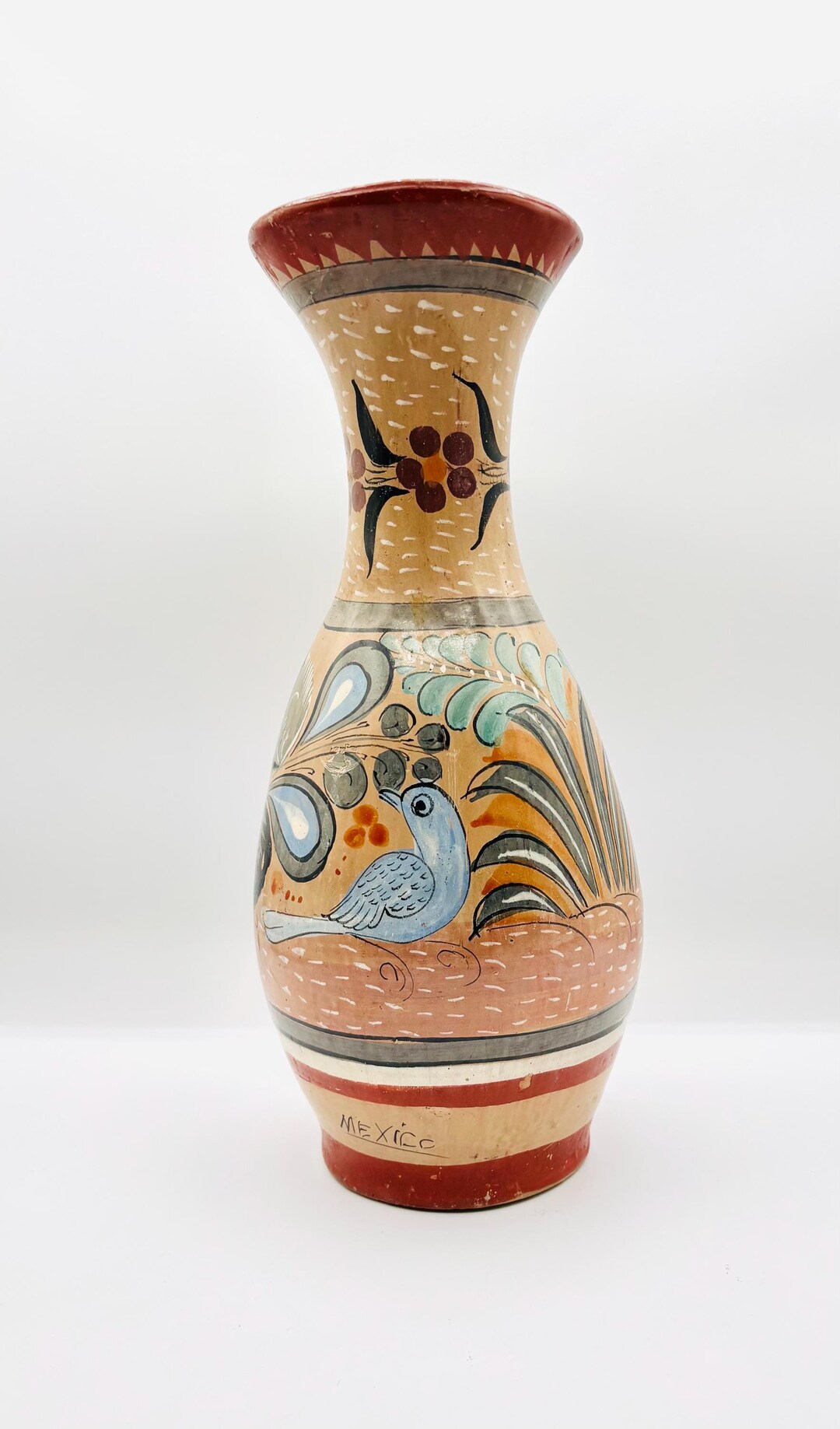 Vintage Vase Handcrafted Painted Mexican Pottery Tonala Red Clay ...