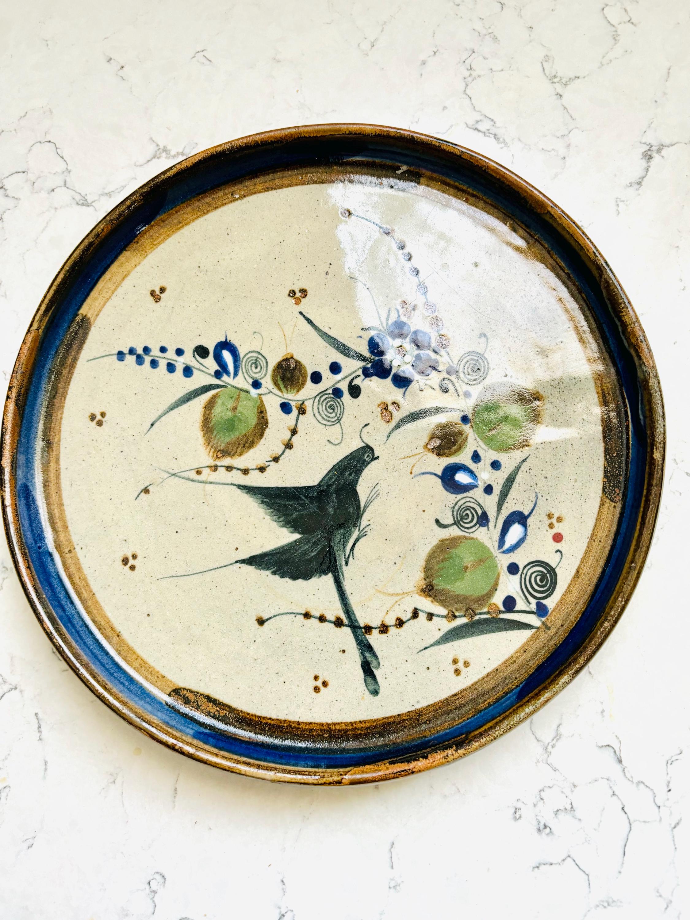 Vintage Tonala Art Pottery Shallow Bowl Tart Pie Dish Bird and Floral ...