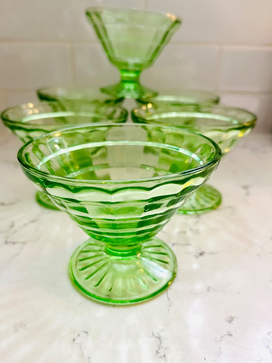 Circa 1930s Set of 6 Vintage Green Glass Block Optic Sherbet Sorbet ...