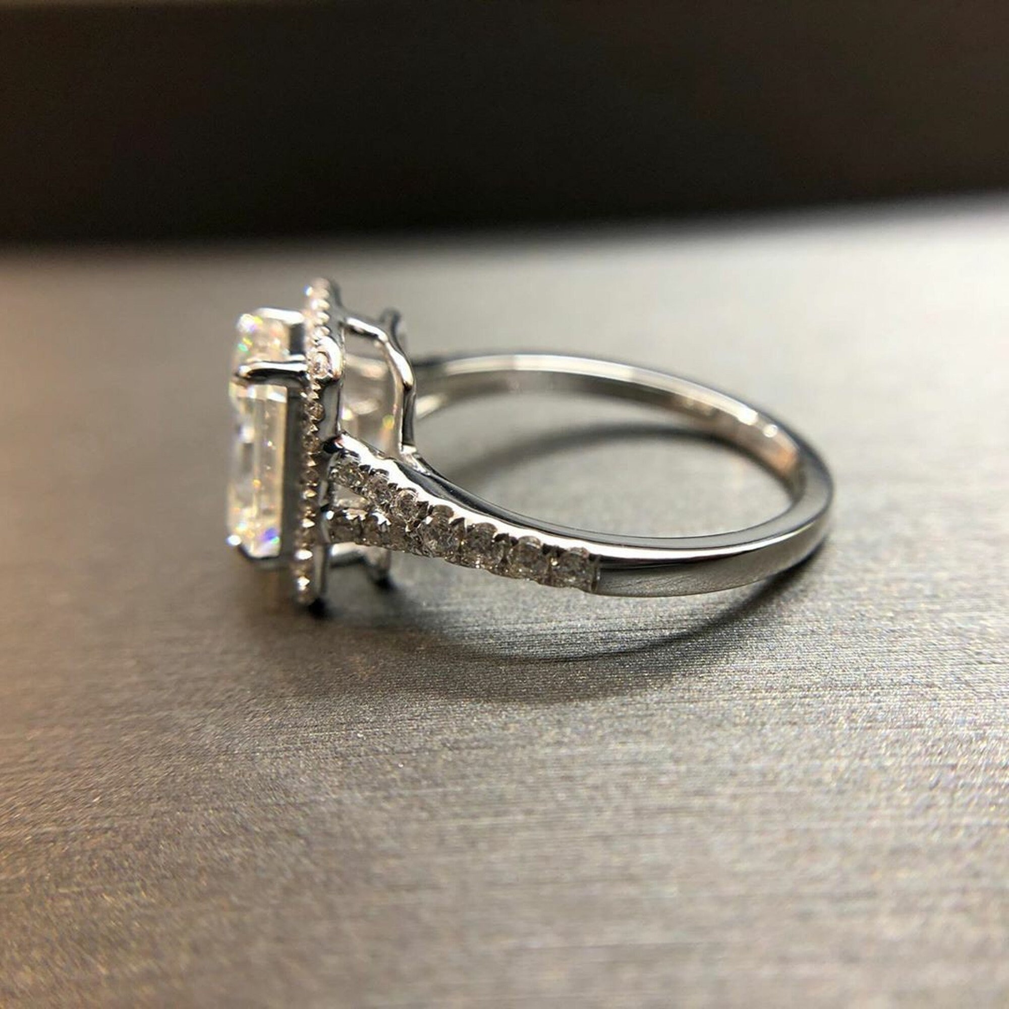 Emerald Cut Moissanite Ring Halo Engagement Ring Split Shank Etsy
